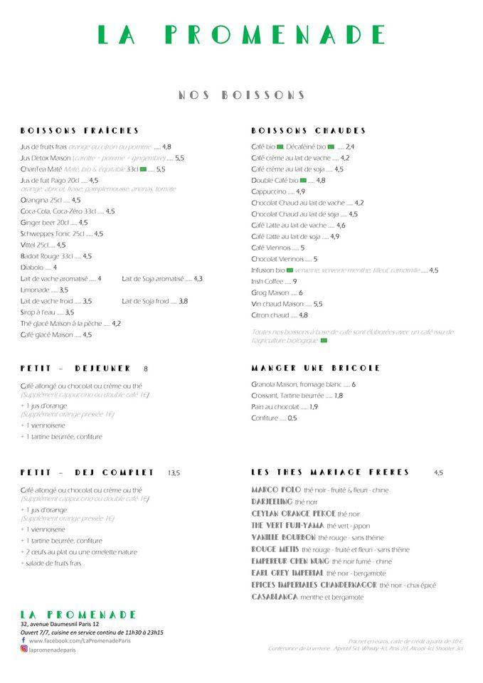 Menu at La Promenade restaurant, Paris, 32 Av. Daumesnil