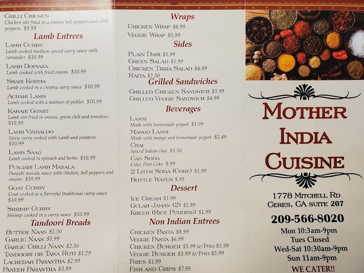 Menu at Mother India Cuisine restaurant, Ceres