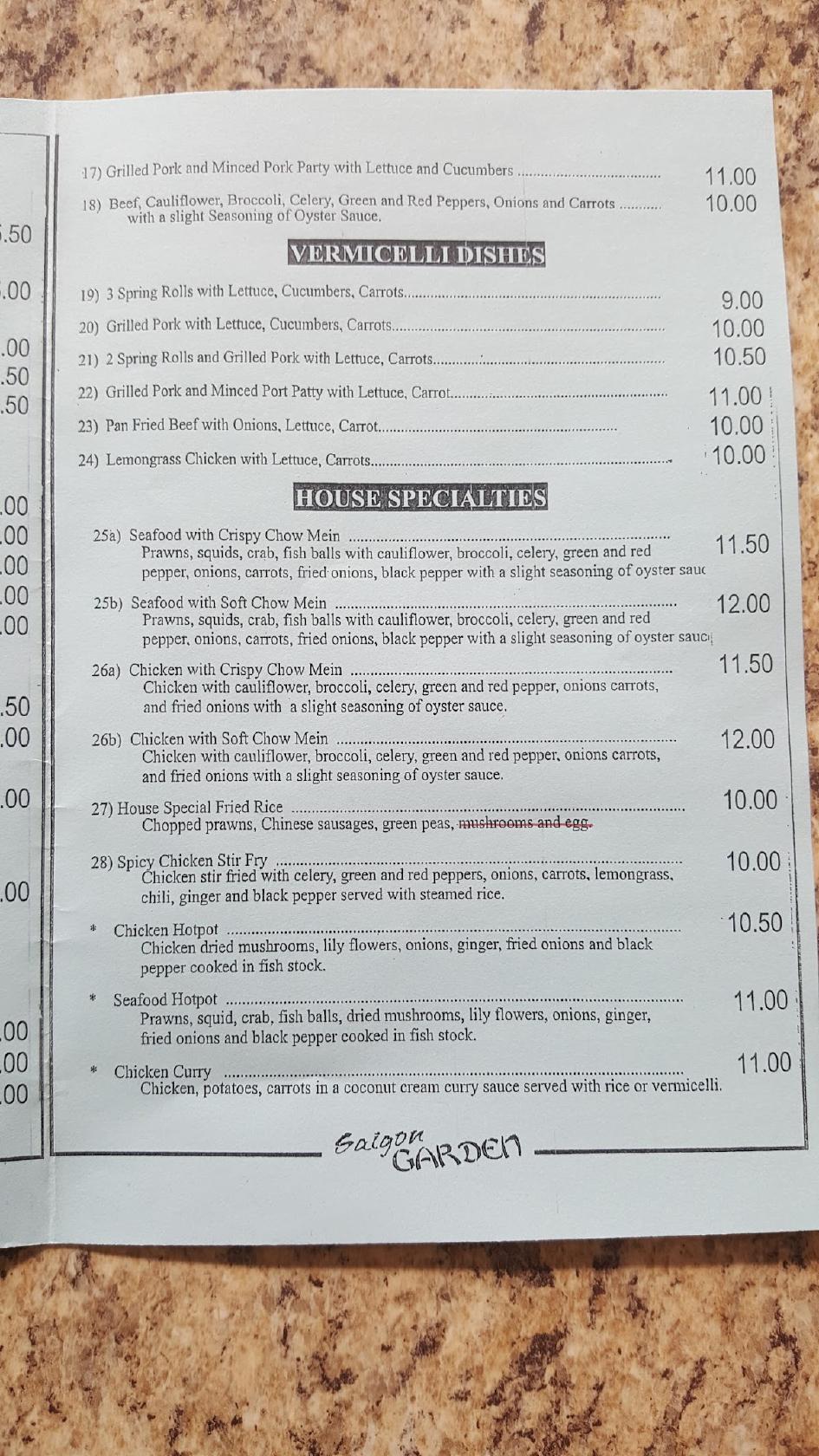 Menu at Saigon Garden restaurant, Parksville