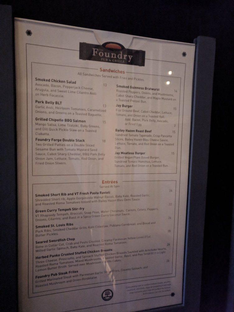Menu at The Foundry Pub & Grille, Jay, 830 Jay Peak Rd