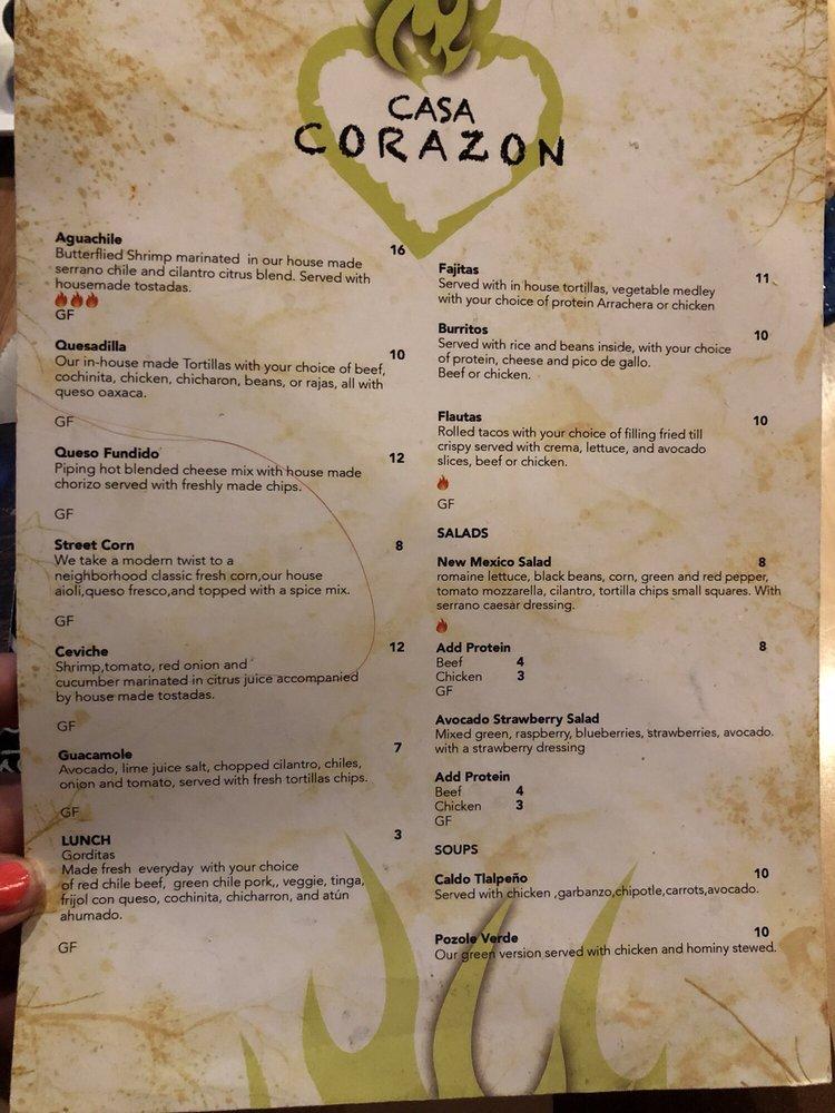 Menu at Casa Corazon Restaurant, Phoenix