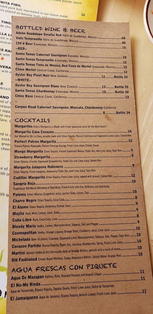 Menu at Casa Corazon Restaurant, Phoenix