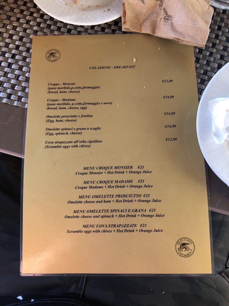 Menu at Gran Caffè San Marco cafe, Florence