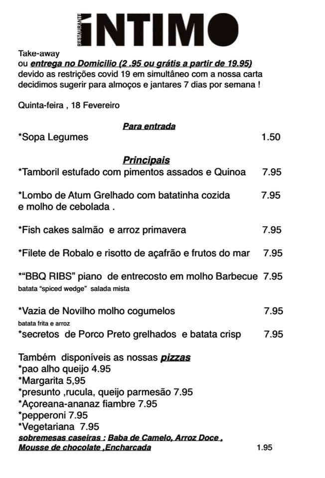 Menu em Restaurante Íntimo, Beja