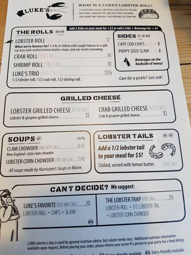 Menu at Luke's Lobster Las Vegas Fashion Show Mall restaurant, Las Vegas