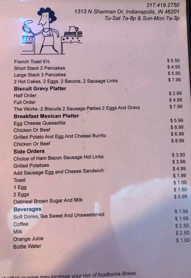 Menu at Mom's Country Kitchen restaurant, Indianapolis
