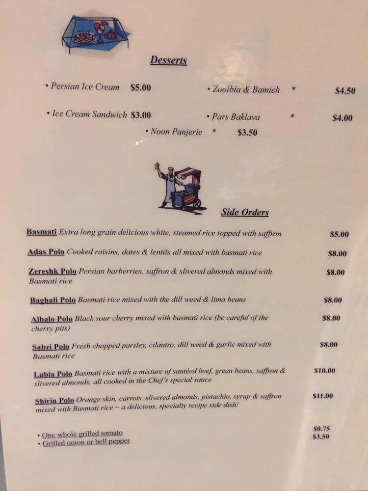 Menu at Pars Persian Cuisine restaurant, Scottsdale, N Frank Lloyd ...