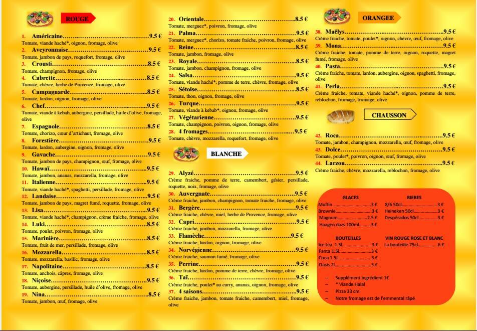 Menu au A2 pizza pizzeria, Villeneuve-lès-Béziers