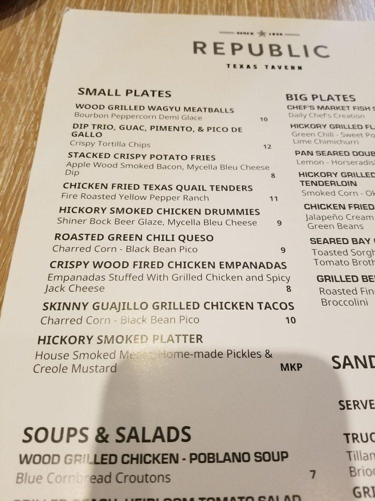 Menu at Republic Texas Tavern, Dallas, Inwood Rd Ste 170