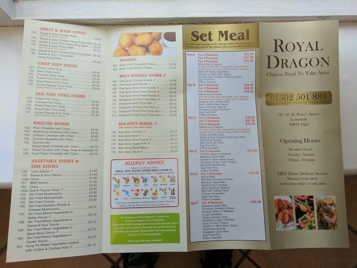 Menu at Royal Dragon restaurant, Lowestoft