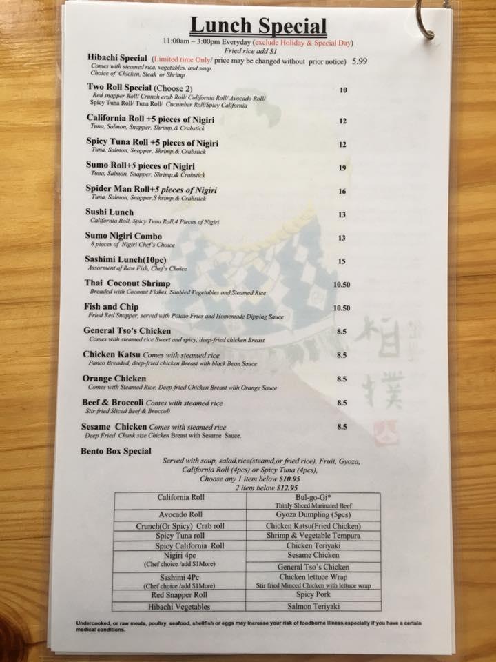 Menu at Sumo Sushi and Steak restaurant, Bryant