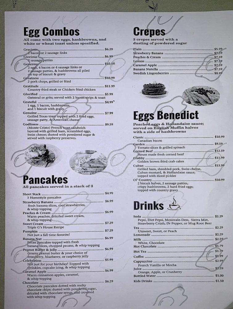 Menu at Triple G Cafe, Stephenville