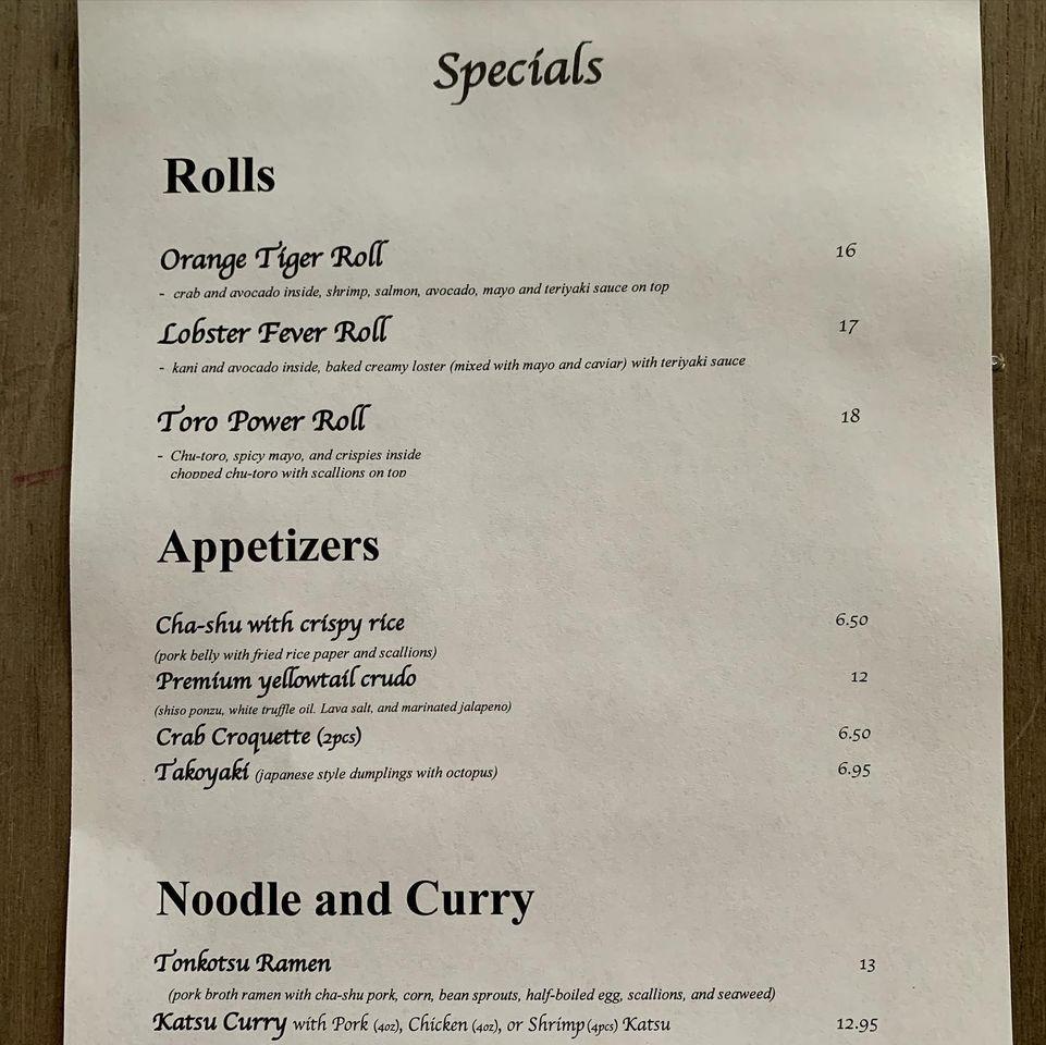 Menu at Ariake Japanese Restaurant, Fairfax