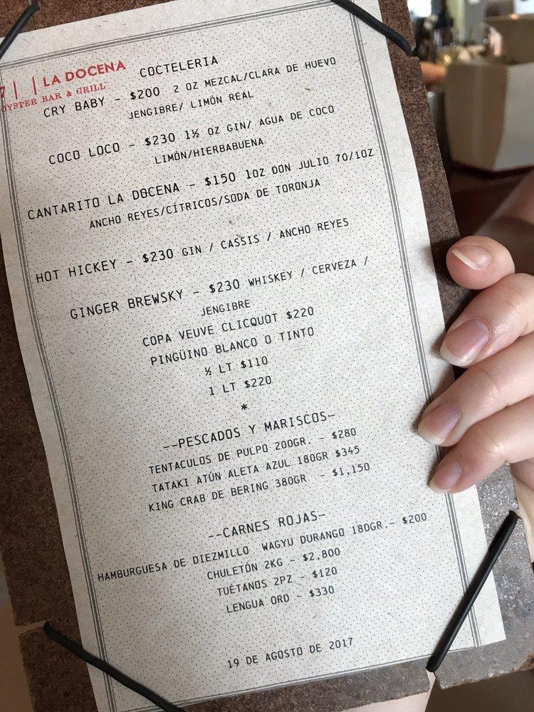 Menu at La Docena restaurant, Ciudad López Mateos, Av. Álvaro Obregón 31