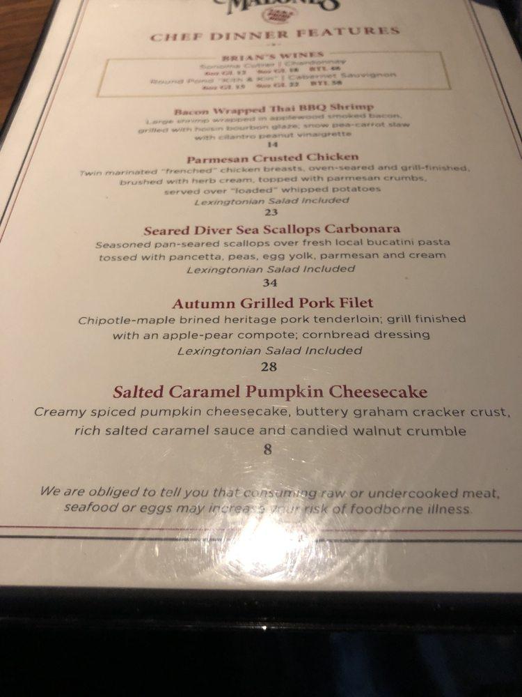 Menu at Malone's Palomar restaurant, Lexington, Palomar Centre Dr