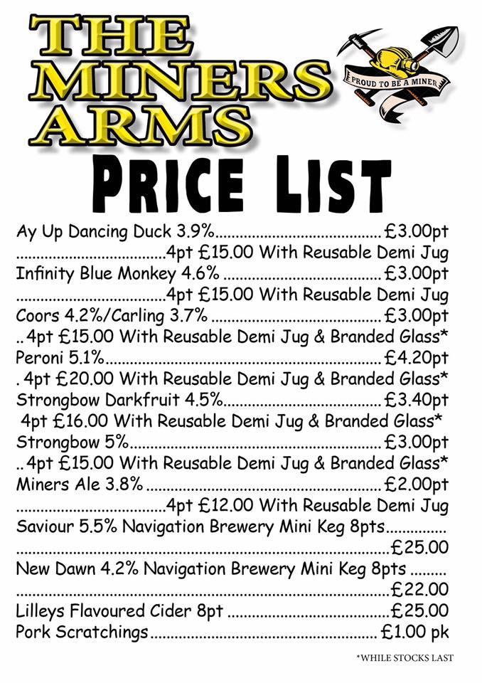 Menu at Miners Arms pub & bar, Alfreton