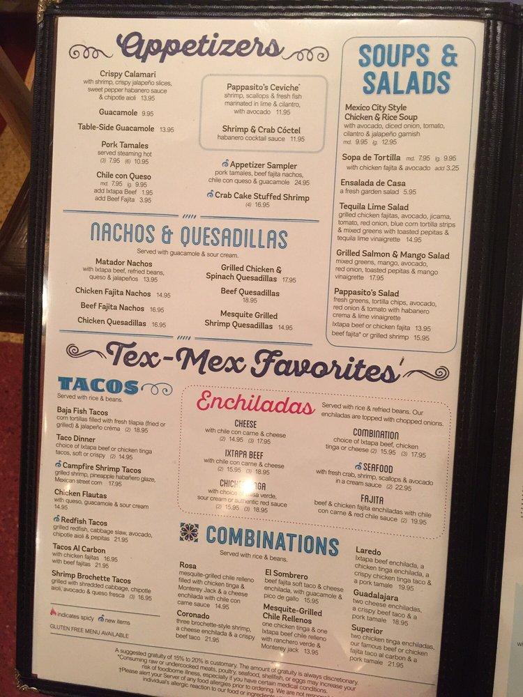 Menu at Pappasito's Cantina restaurant, Houston, I-45 N. at Airtex