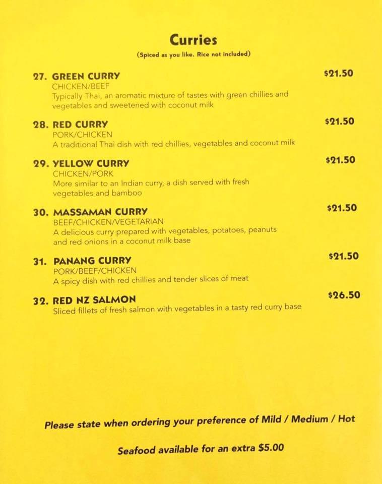 Menu at Thai Crom restaurant, Alexandra