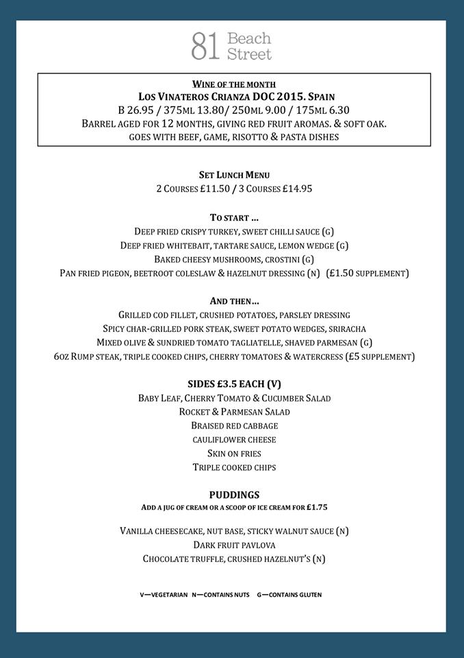 Menu at 81 Beach Street restaurant, Deal