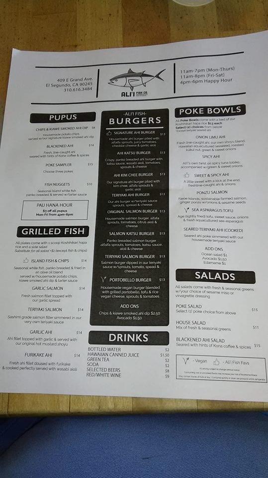 Menu at Ali'i Fish Company restaurant, El Segundo
