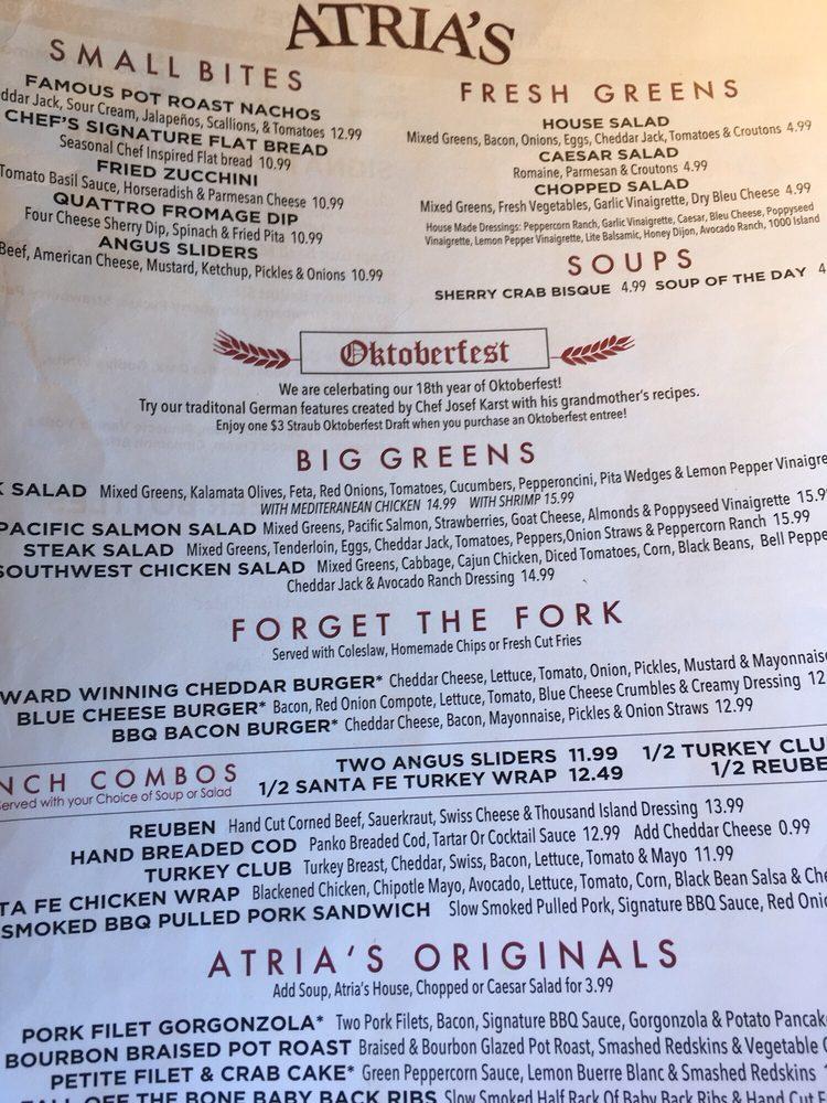 Menu at Atria's Restaurant - Pleasant Hills, Pittsburgh, 10 Old Clairton Rd