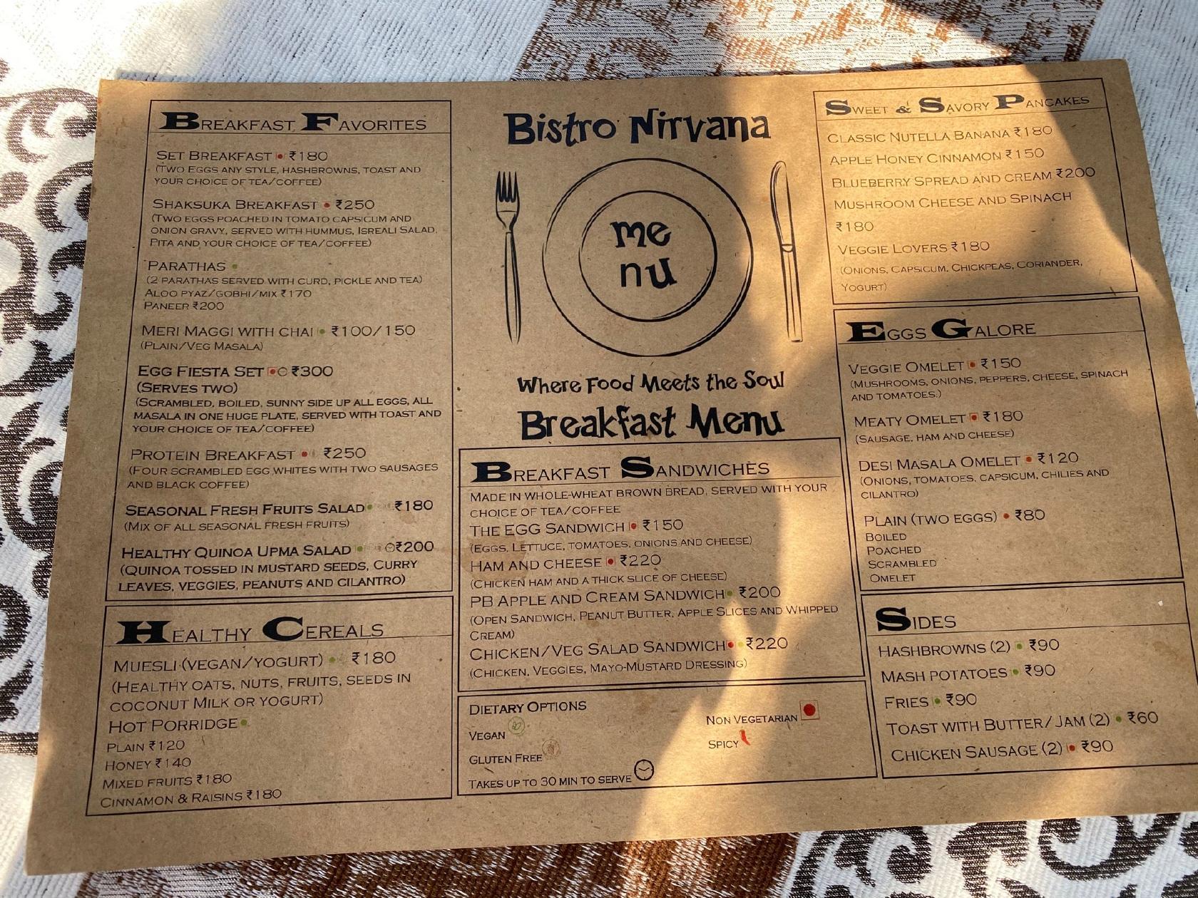 Menu at Bistro Nirvana, Rishikesh, Swami Omkarananda Saraswati Rd