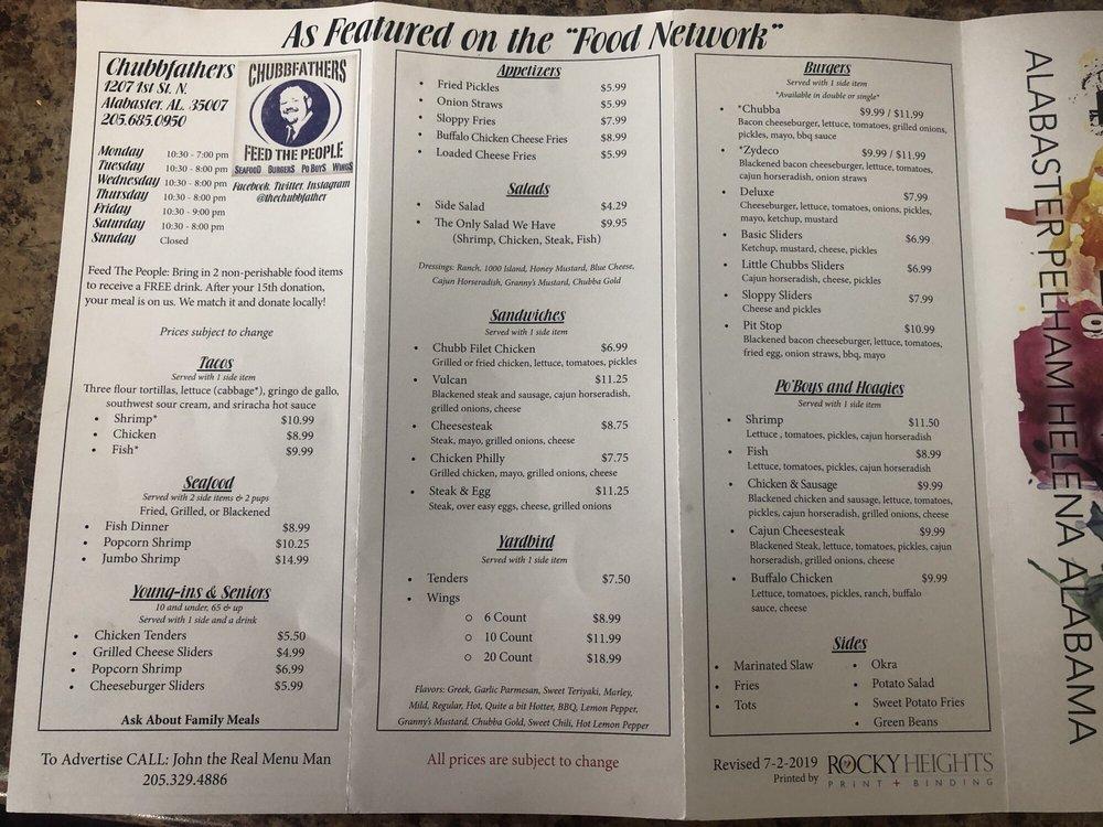 Menu at Chubbfathers restaurant, Alabaster, 229 Kent Stone Blvd