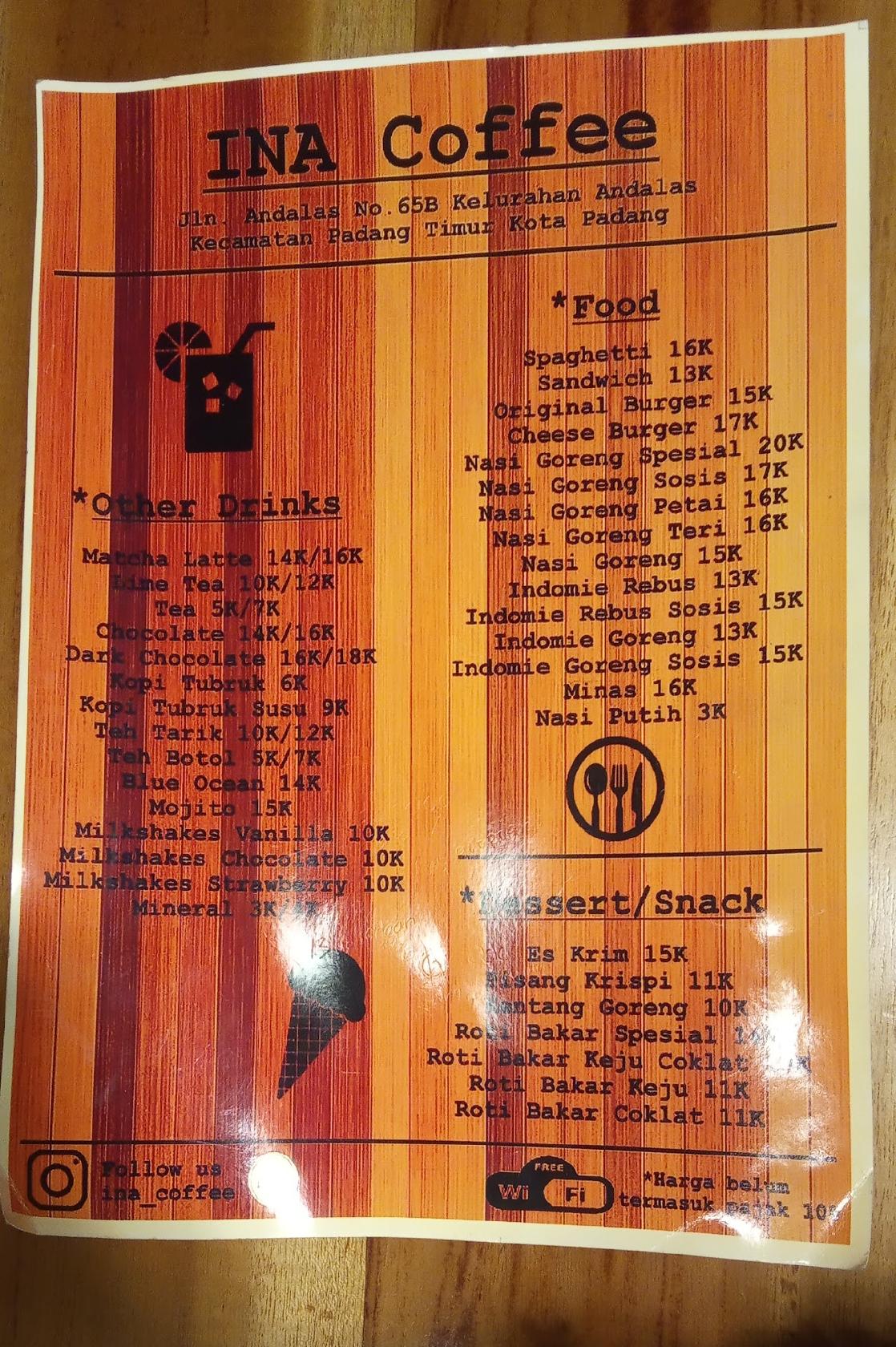 Carta del café INA Coffee Shop, Indonesia, Jalan Jenderal Sudirman No.20