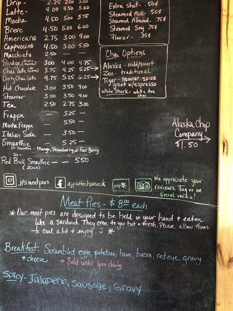 Menu at JP's Coffee House, Cantwell