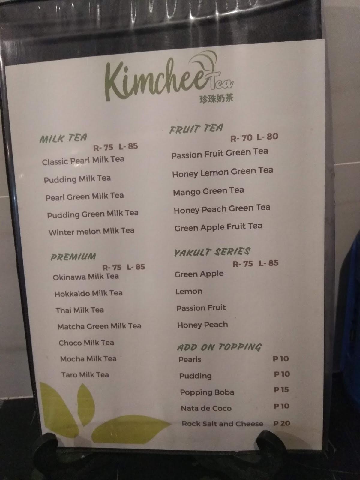 Menu at Kimchee Milk Tea cafe, Davao City