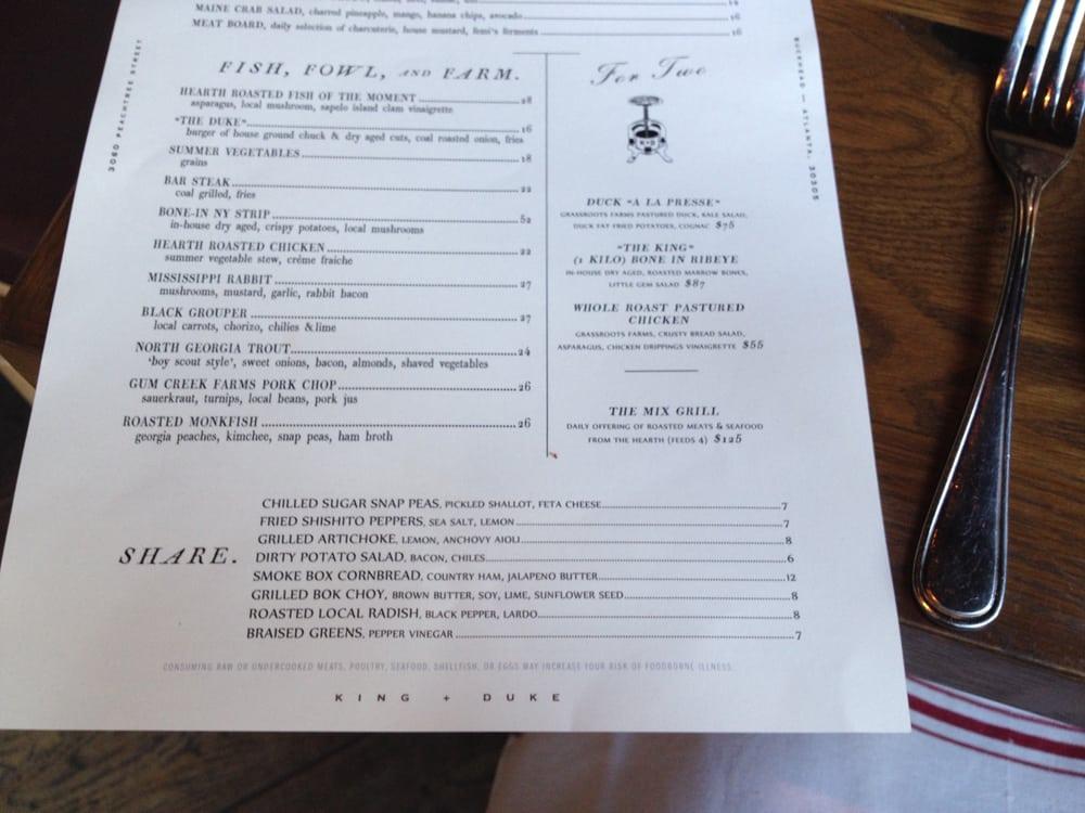Menu at King + Duke restaurant, Atlanta, PEACHTREE RD NW at