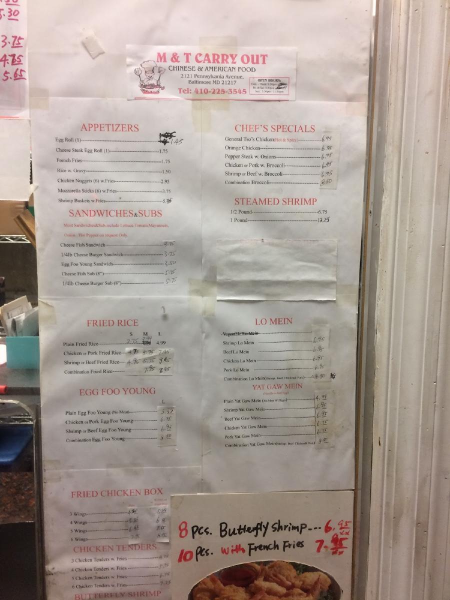 Menu at M & T Chinese Carryout restaurant, Baltimore