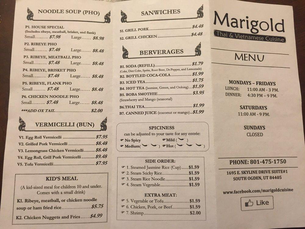 Menu at Marigold restaurant, South Ogden