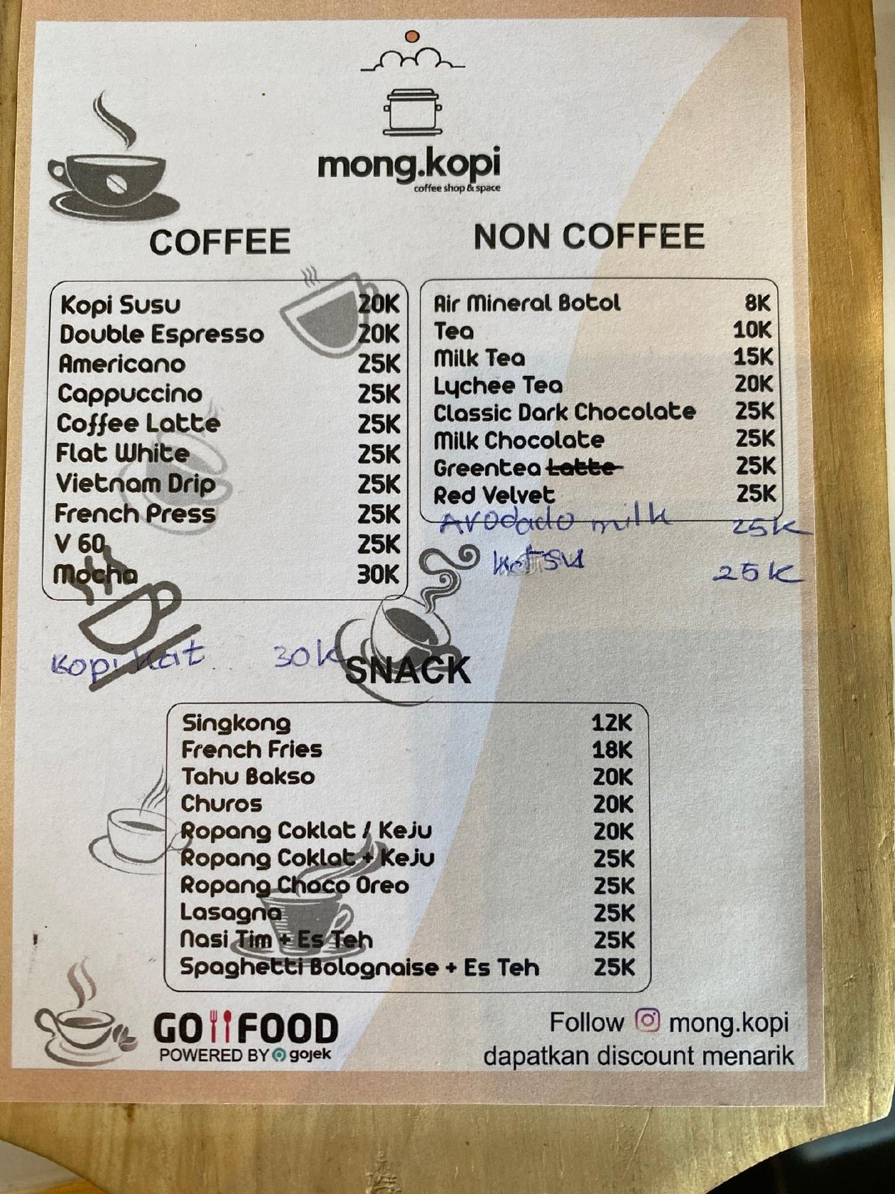 Menu at Mong Kopi cafe, Semarang