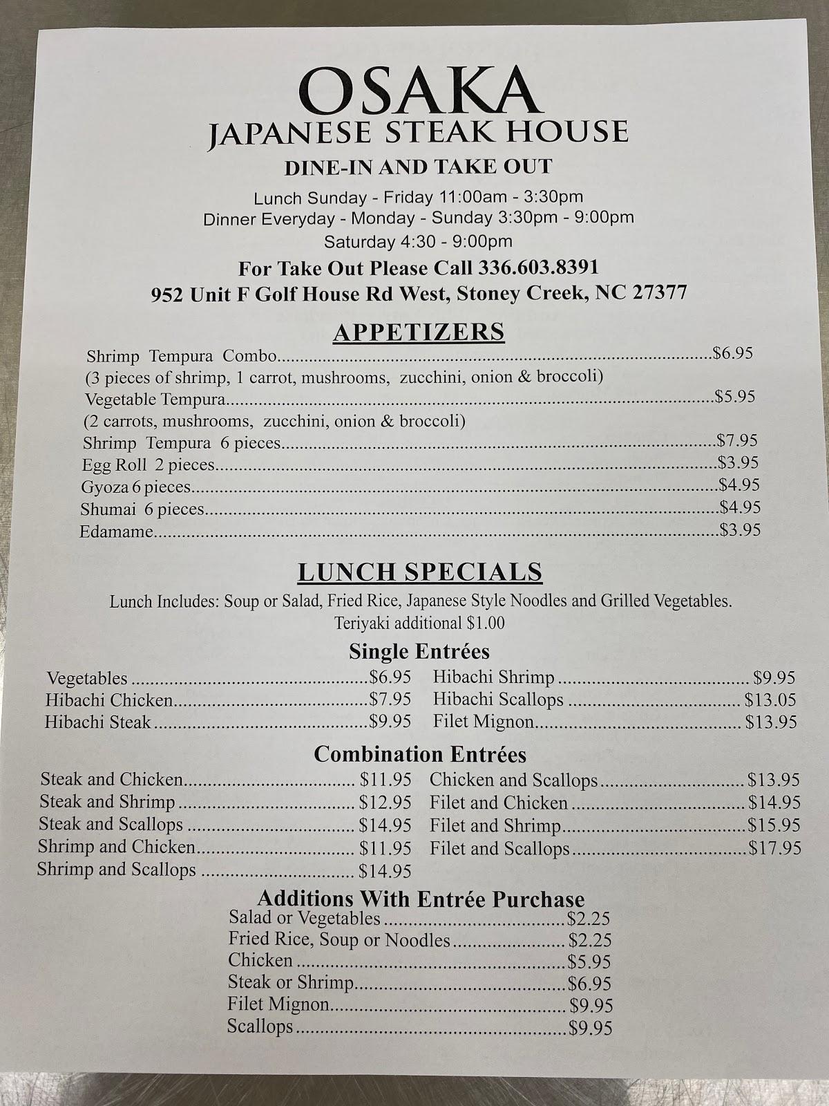 Menu at Osaka Japanese Steak House steakhouse, Whitsett