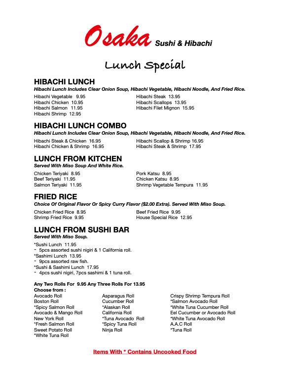 Carta del restaurante Osaka Sushi & Hibachi, Fargo