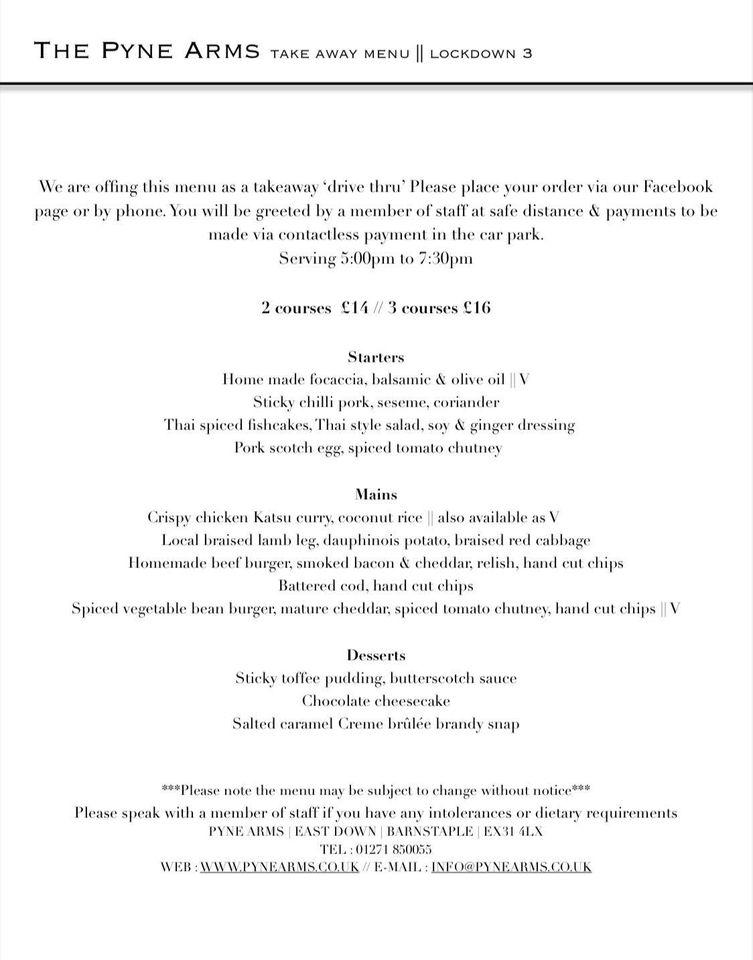 Menu at Pyne Arms pub & bar, East Down