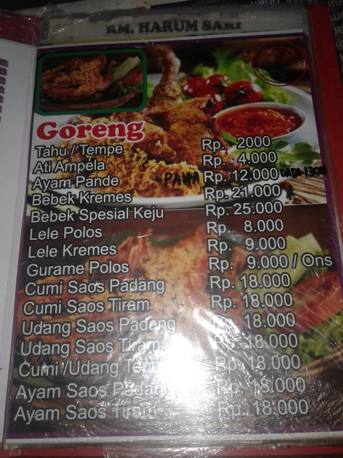 Menu at RESTO. RM.HARUM SARI restaurant, Indonesia