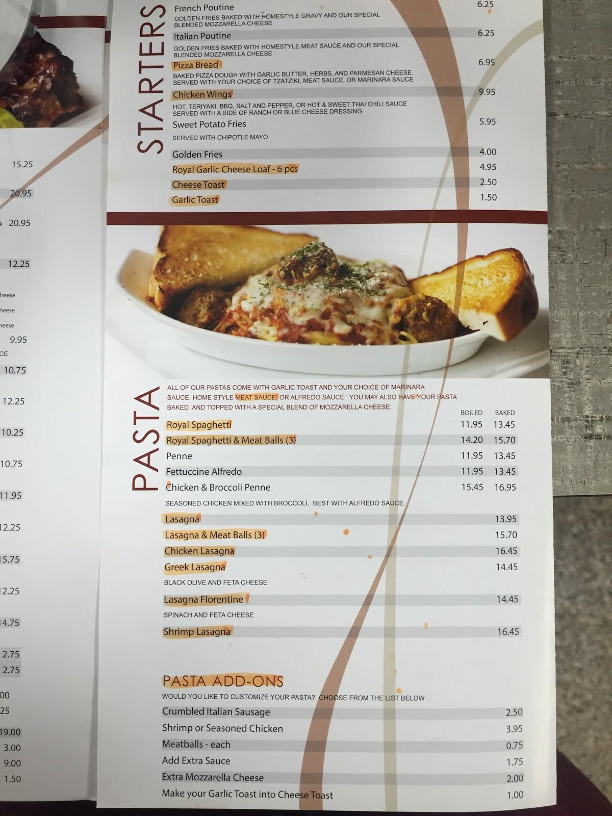 Menu at Royal Pizza restaurant, Edmonton, 90 Ave NW