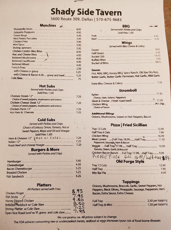 Menu at Shady Side Tavern pizzeria, Dallas, PA-309