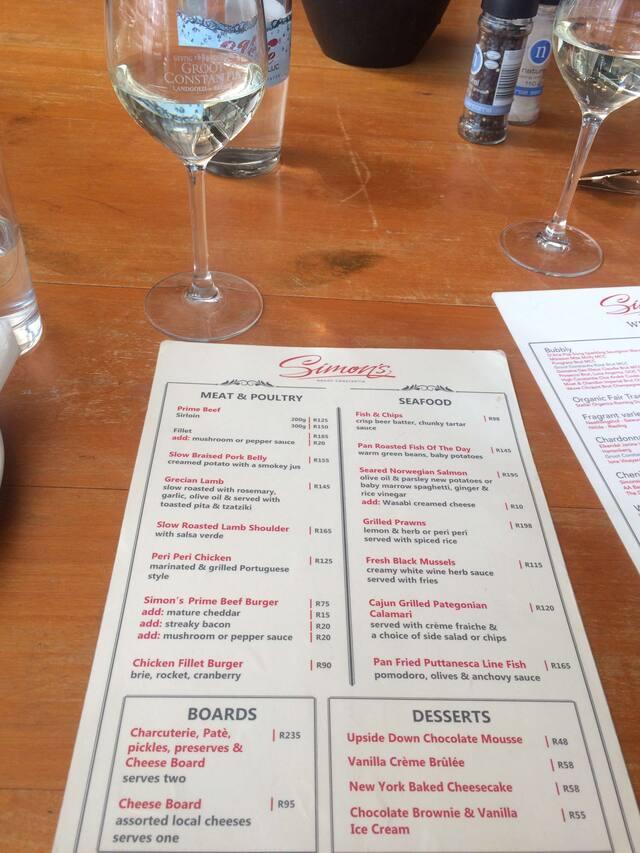 Menu at Simon's Restaurant, Cape Town