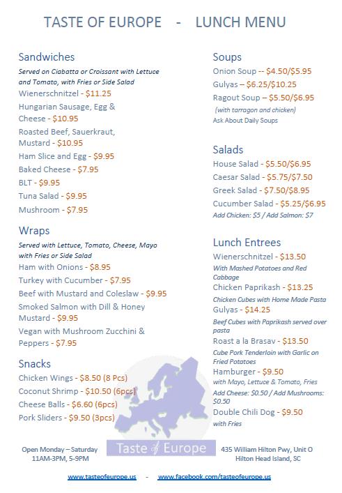 Menu at Taste of Europe pub & bar, Hilton Head Island