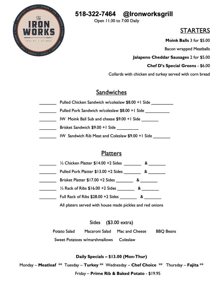 Menu at The Iron Works BBQ, Troy