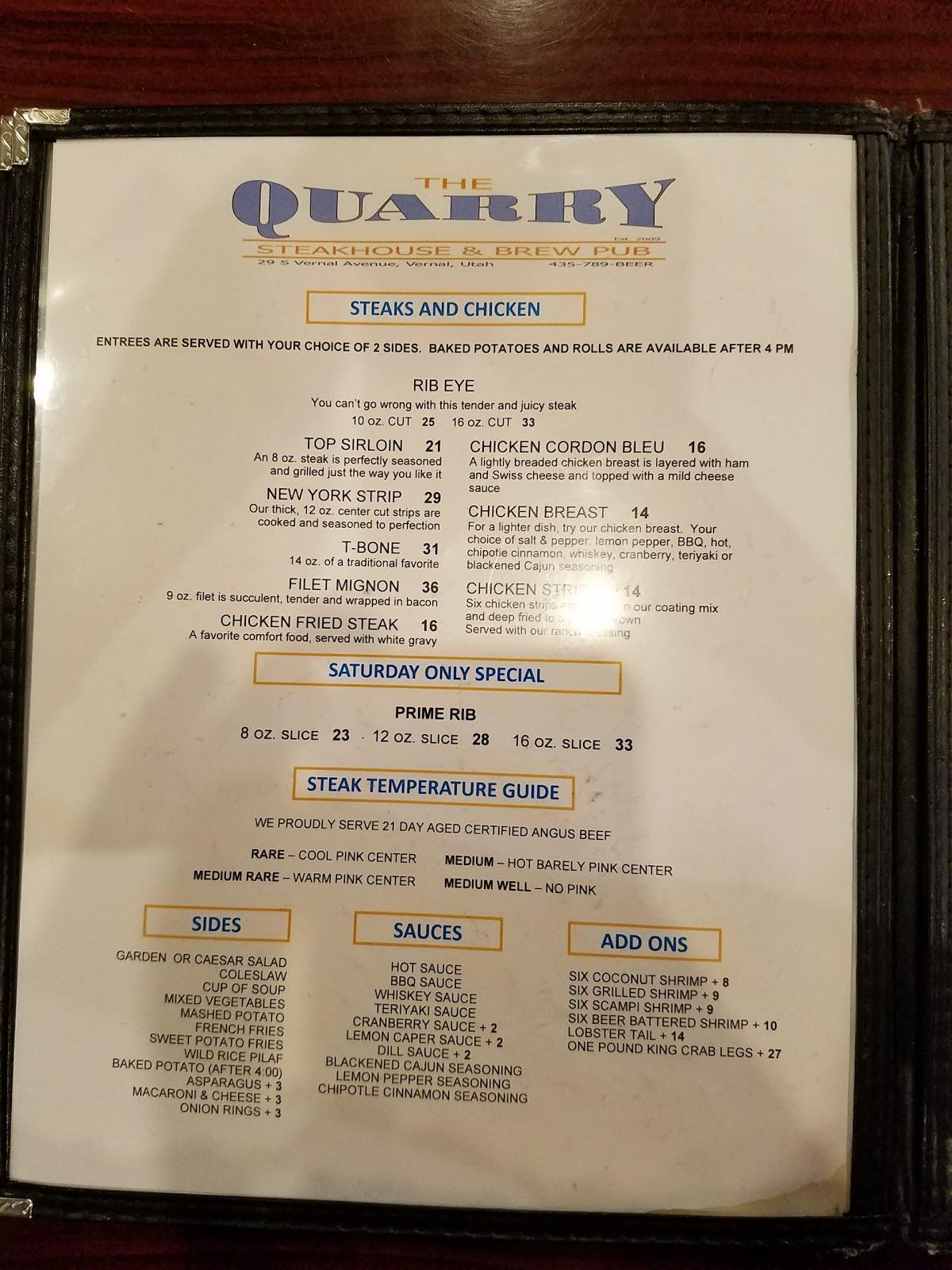 Menu at The Quarry Steakhouse & Brew Pub, Vernal