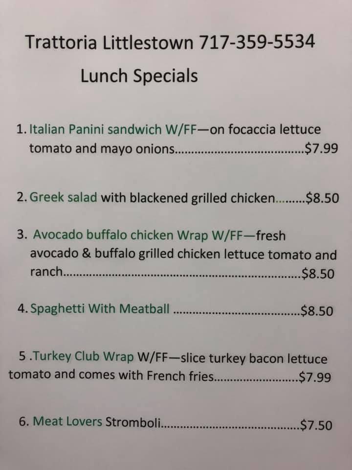 Menu at Trattoria Pizza pizzeria, Littlestown