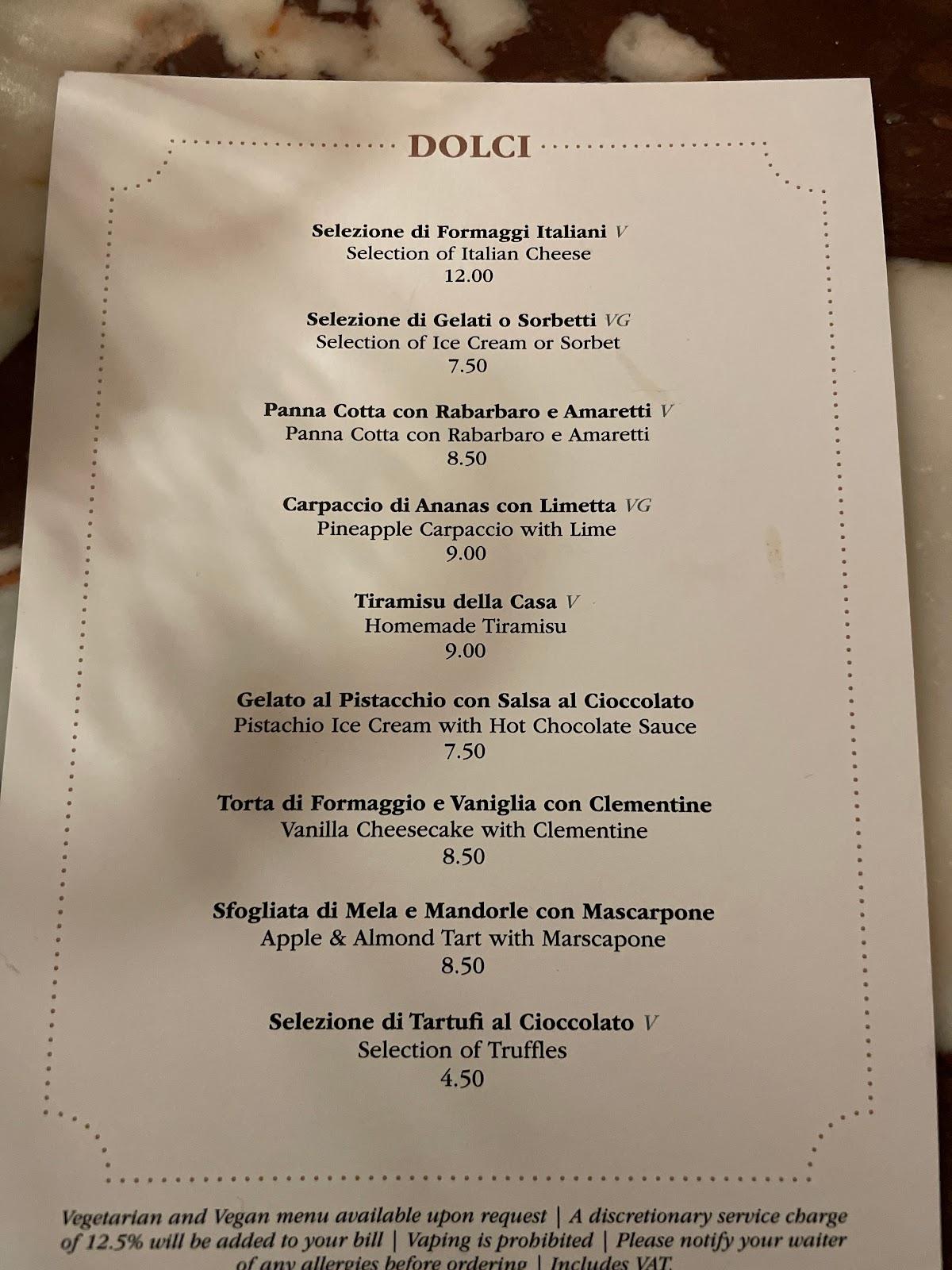 Menu at Daphne's restaurant, London