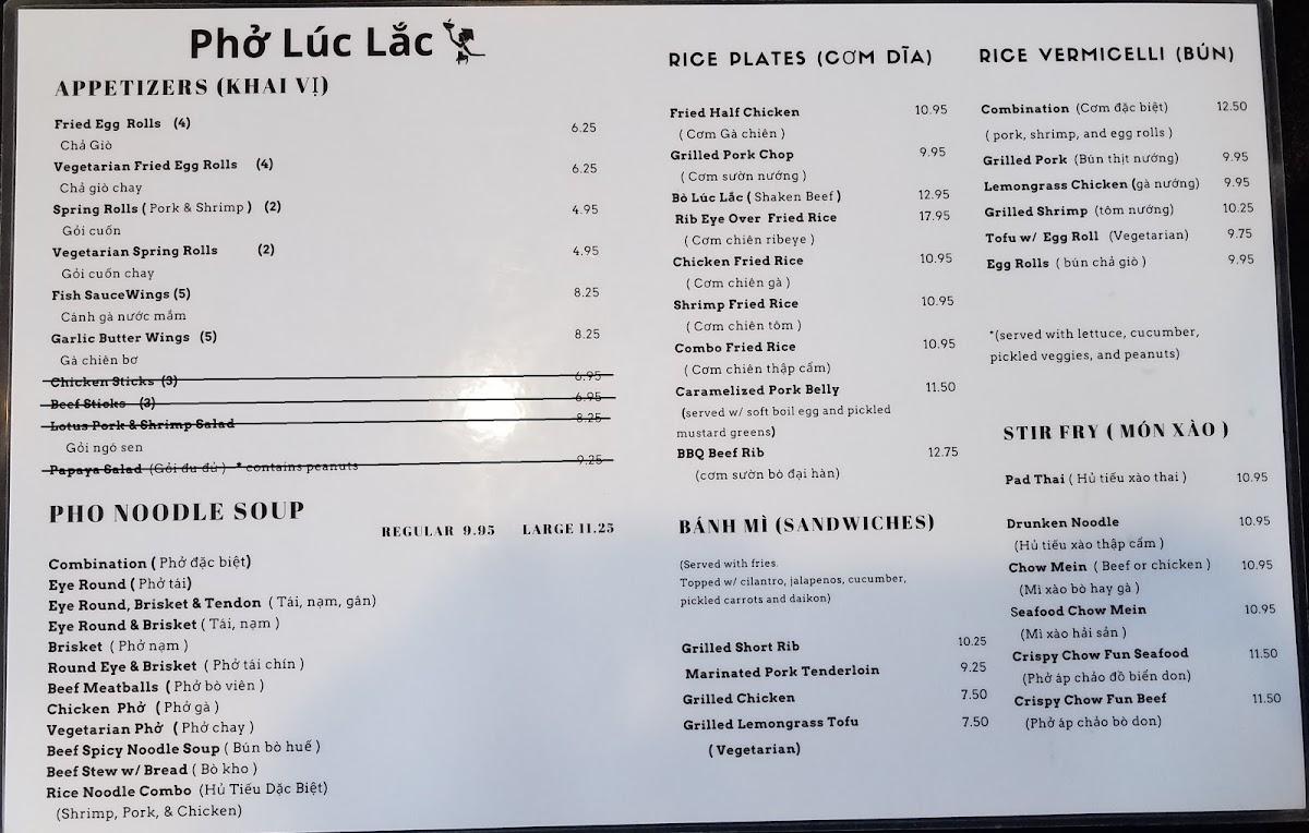 Menu at Pho Luc Lac restaurant, San Jose