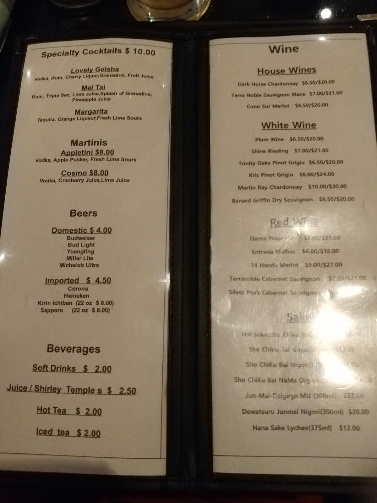 Menu at Sushiya restaurant, Williamsburg, John Tyler Hwy