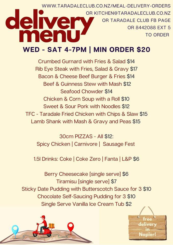 Menu at Taradale Club, Napier
