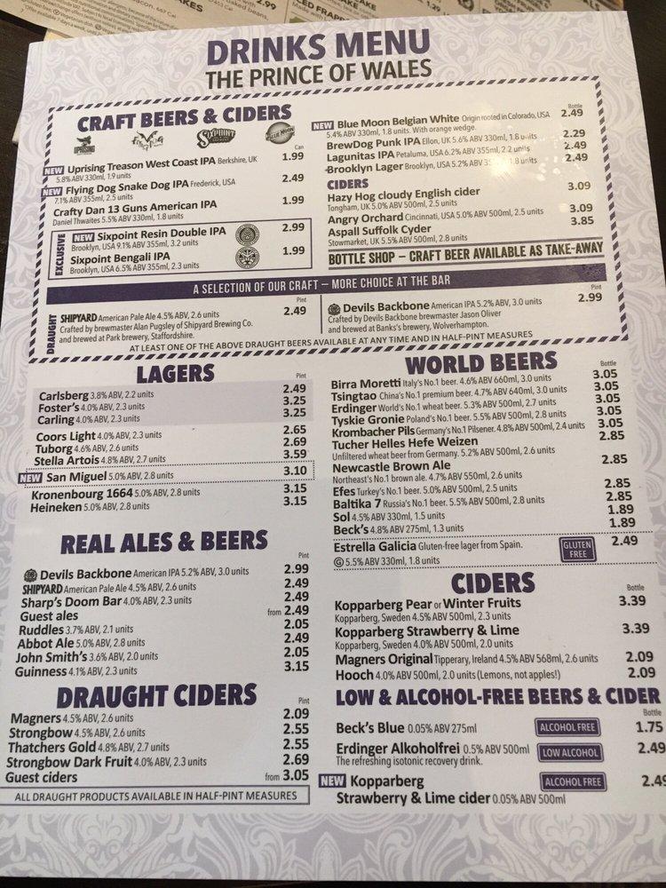 Menu at The Prince Of Wales pub & bar, Cardiff, 81-83 Heol Eglwys